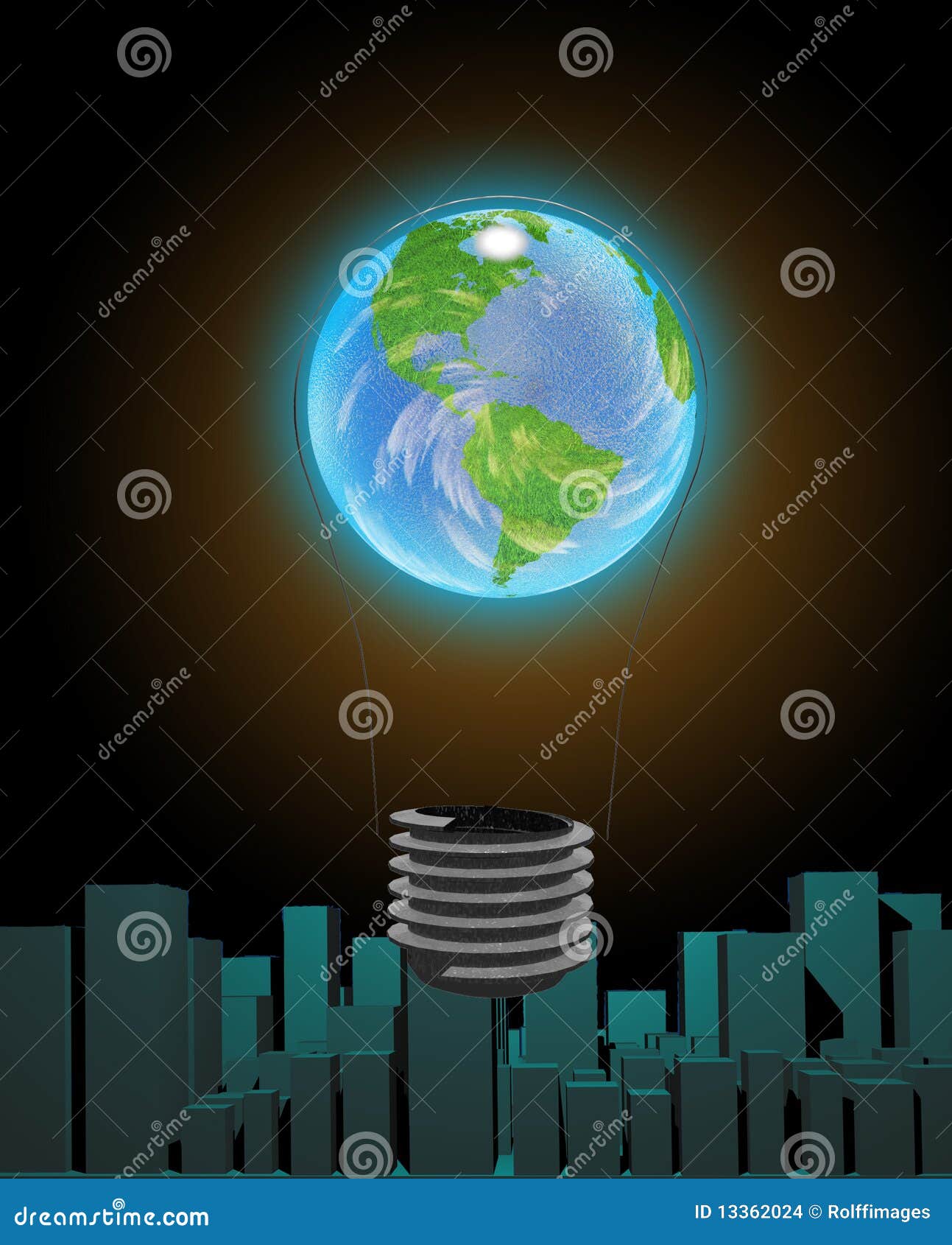 Light Bulb Earth over city stock illustration. Illustration of ...