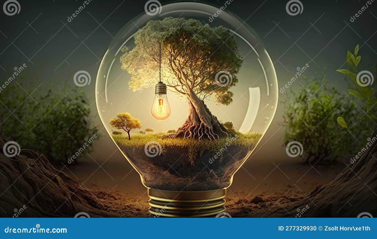 Light Bulb Ecosystem with Nature, Renewable Energy Made with Generative ...