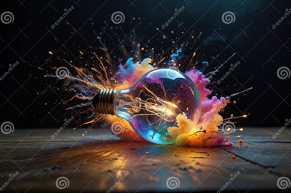 Light Bulb Explodes with Colorful Dust Splashes and Electric Flame ...