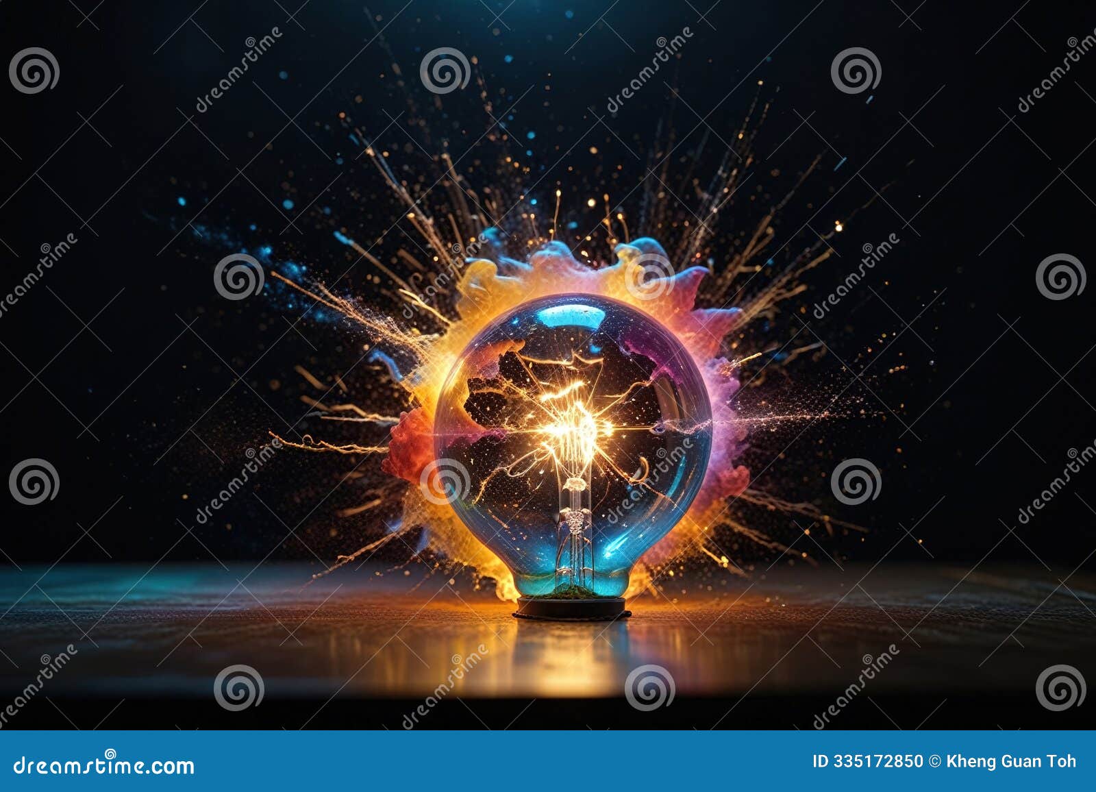 Light Bulb Explodes with Colorful Dust Splashes and Electric Flame ...
