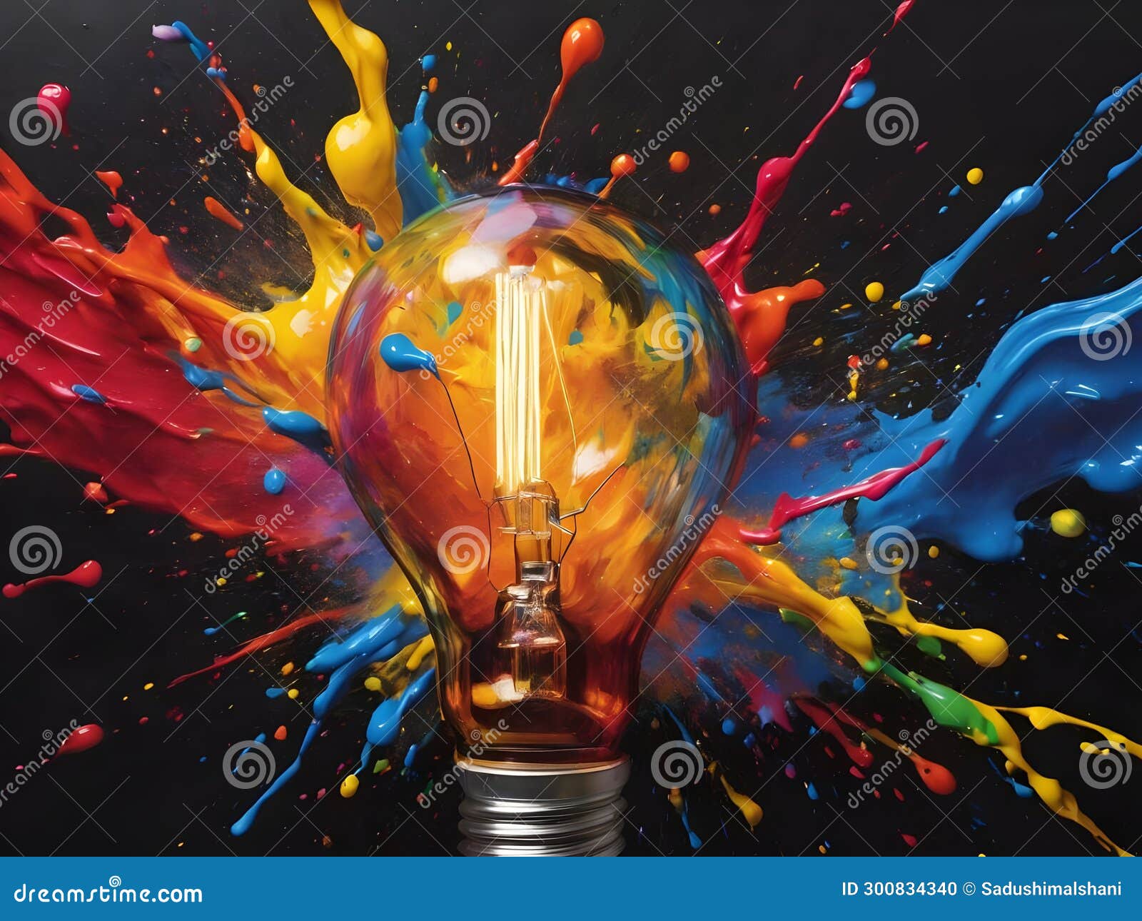 Light Bulb Exploding With Colorful Paint Splashes On A Black Background ...