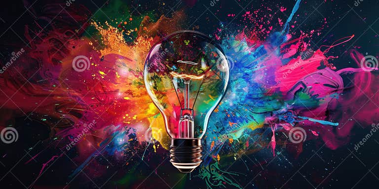 A Light Bulb Exploding with Colorful Paint Splatter Stock Illustration ...