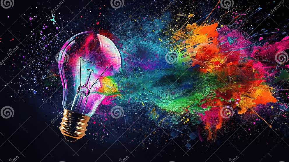 A Light Bulb Exploding with Colorful Paint Splatter Stock Illustration ...
