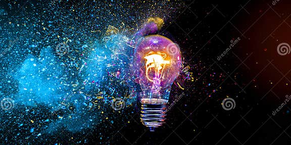 Light Bulb Exploding with Colorful Powder Stock Image - Image of ...