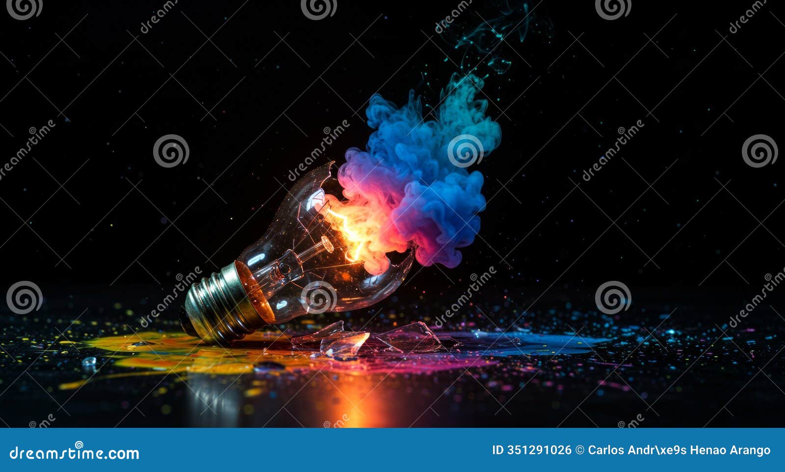A Light Bulb Exploding with Colorful Smoke and Ink, Forming a Colorful ...