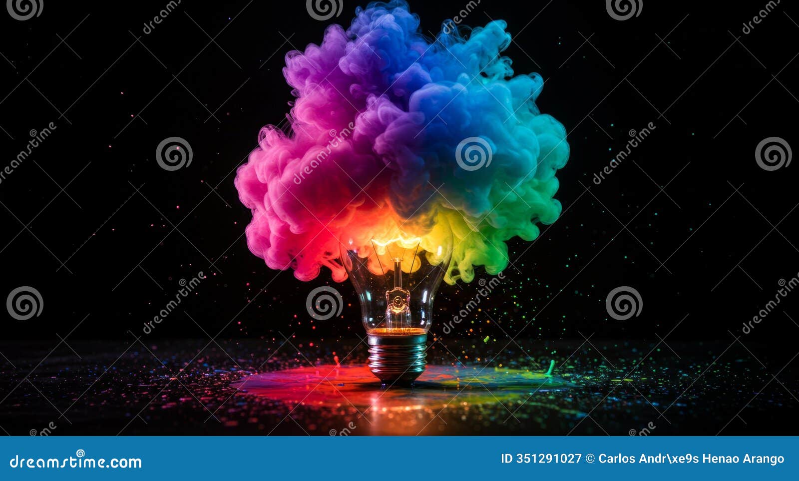 A Light Bulb Exploding with Colorful Smoke and Ink, Forming a Colorful ...