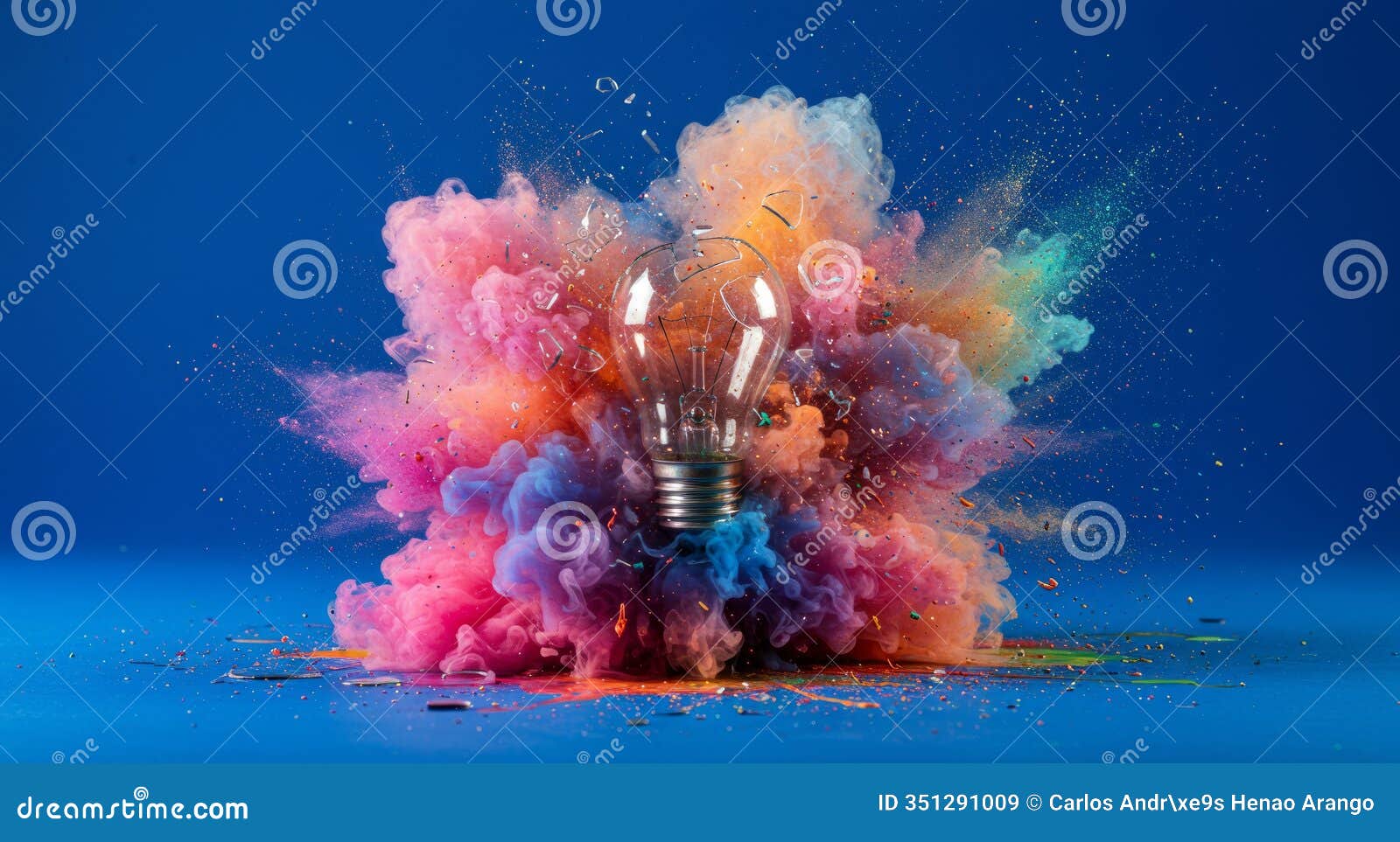 A Light Bulb Exploding with Colorful Smoke and Ink, Forming a Colorful ...