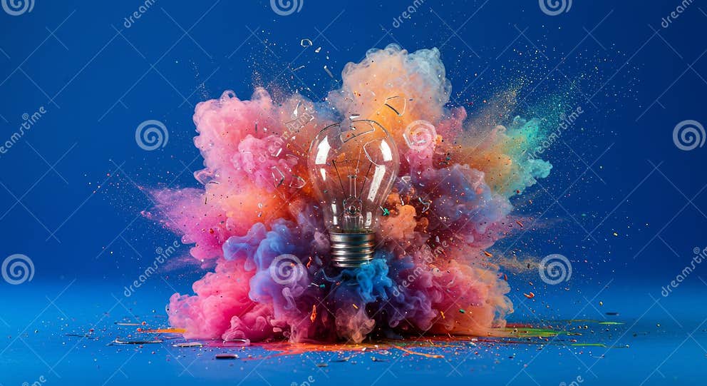 A Light Bulb Exploding with Colorful Smoke and Ink, Forming a Colorful Cloud, Ai Generative ...