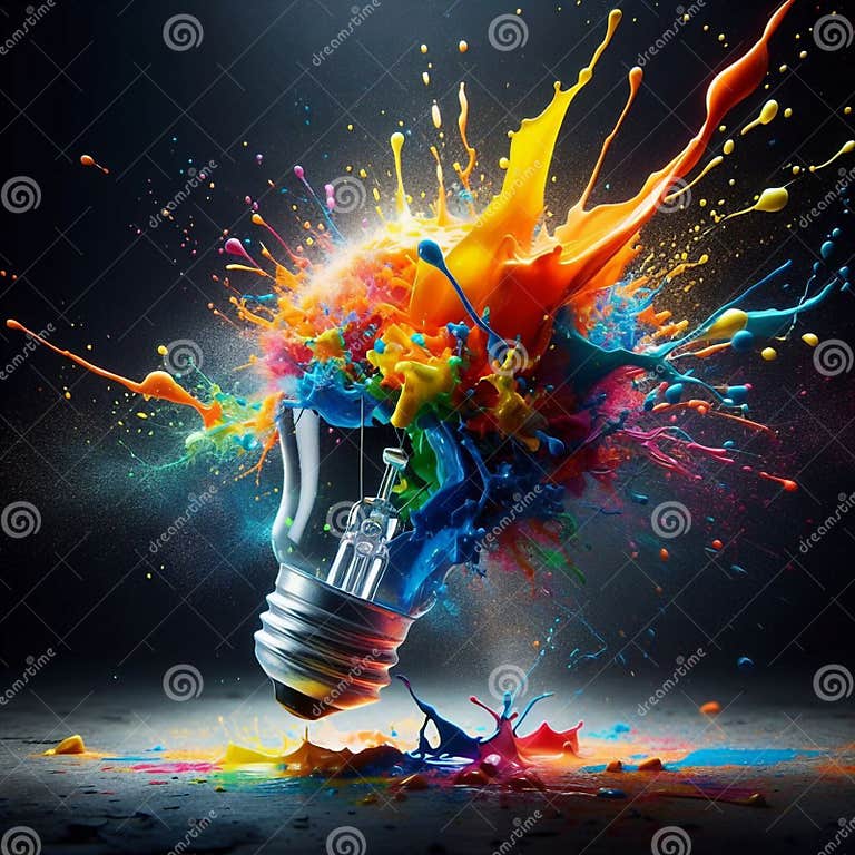 A Light Bulb Exploding with Vibrant Paint Splatters, Representing ...