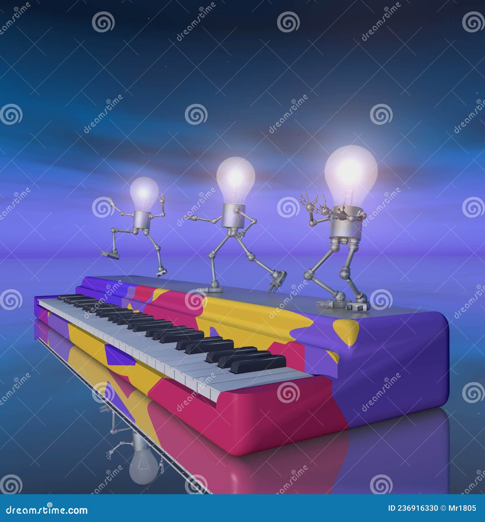 Light Bulb Figures Dancing on an Electronic Keyboard at Night Stock ...