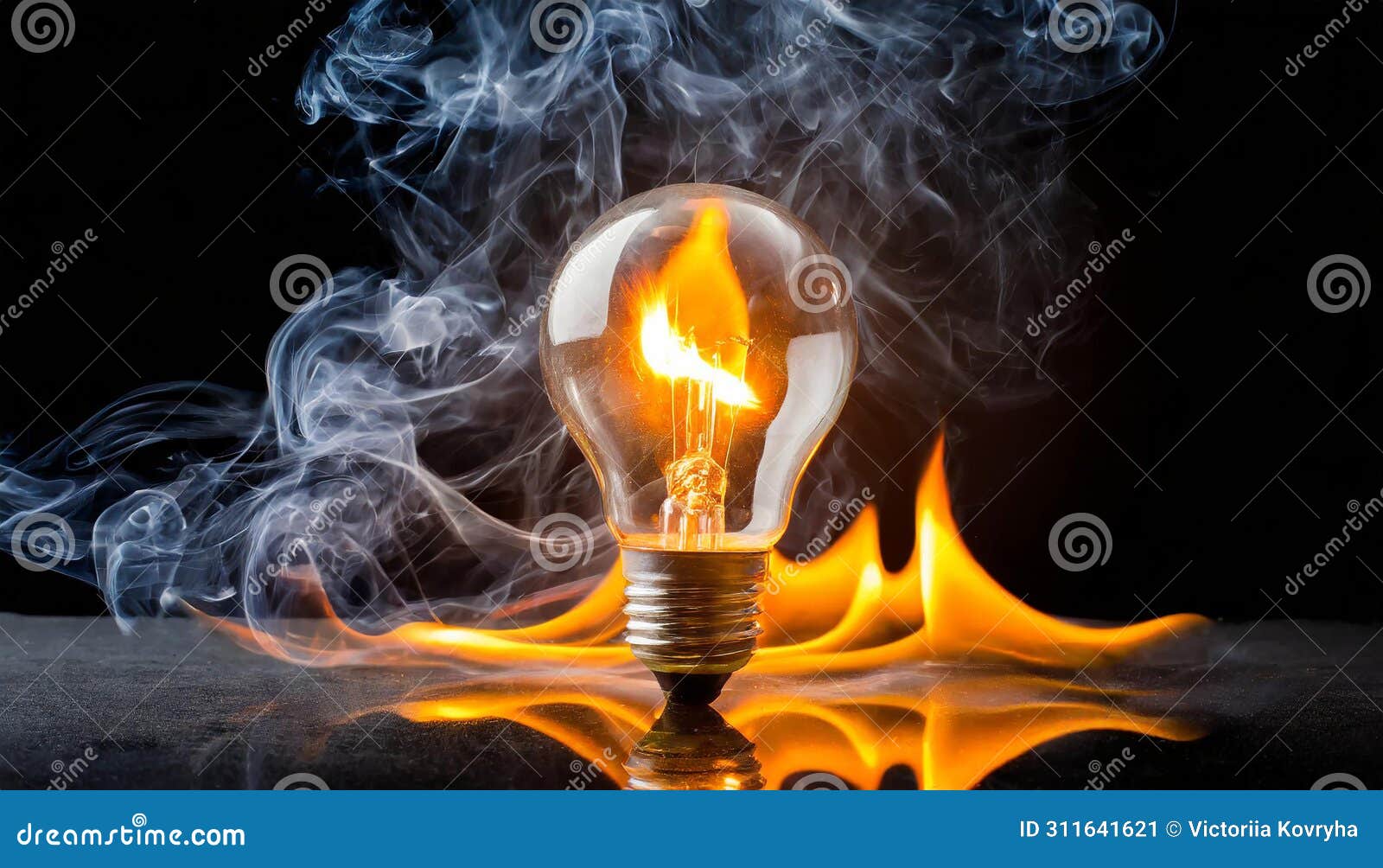 Light Bulb with Fire Flame on Black Background. Power and Energy Stock ...