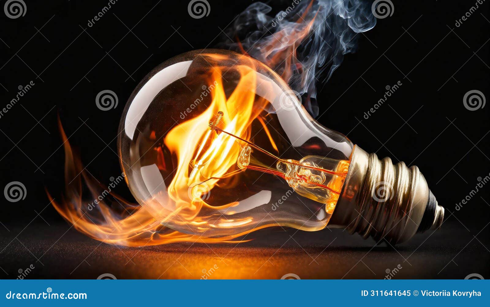 Light Bulb with Fire Flame on Black Background. Power and Energy Stock ...