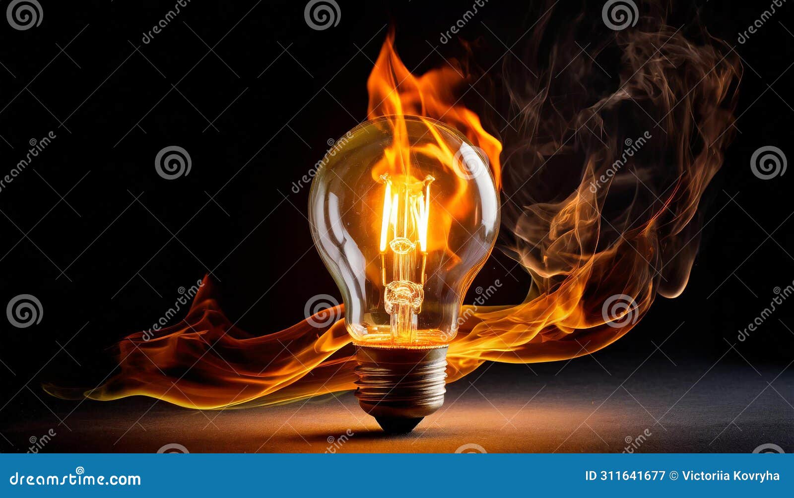 Light Bulb with Fire Flame on Black Background. Power and Energy Stock ...