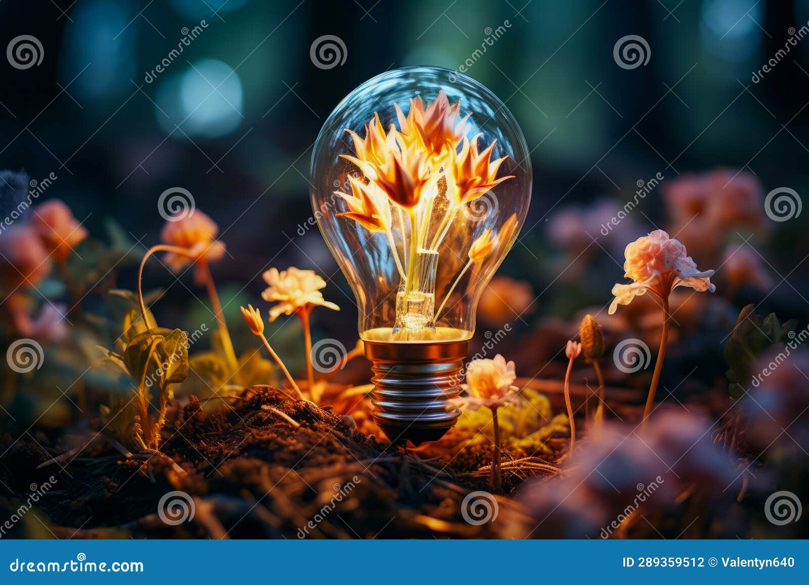 Light Bulb with Flowers Inside of it on Bed of Dirt. Generative AI ...