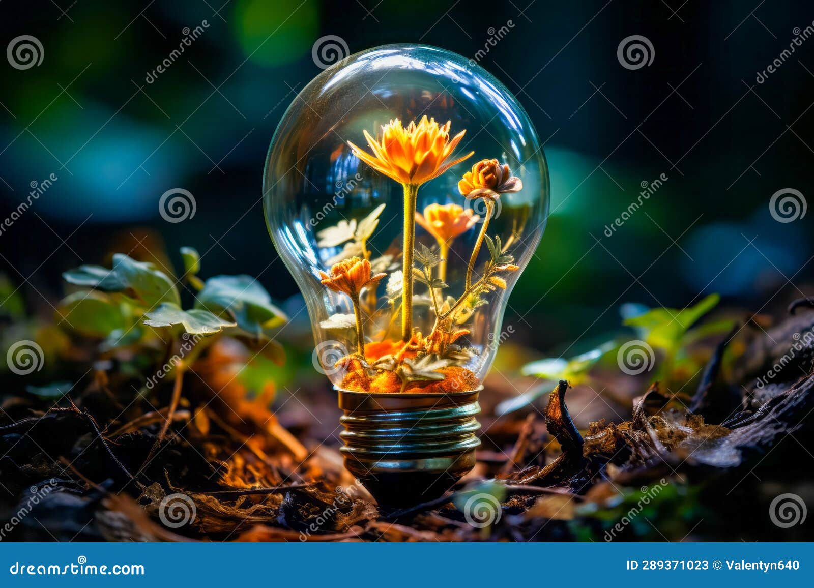 Light Bulb with Flowers Inside of it on the Ground. Generative AI Stock ...