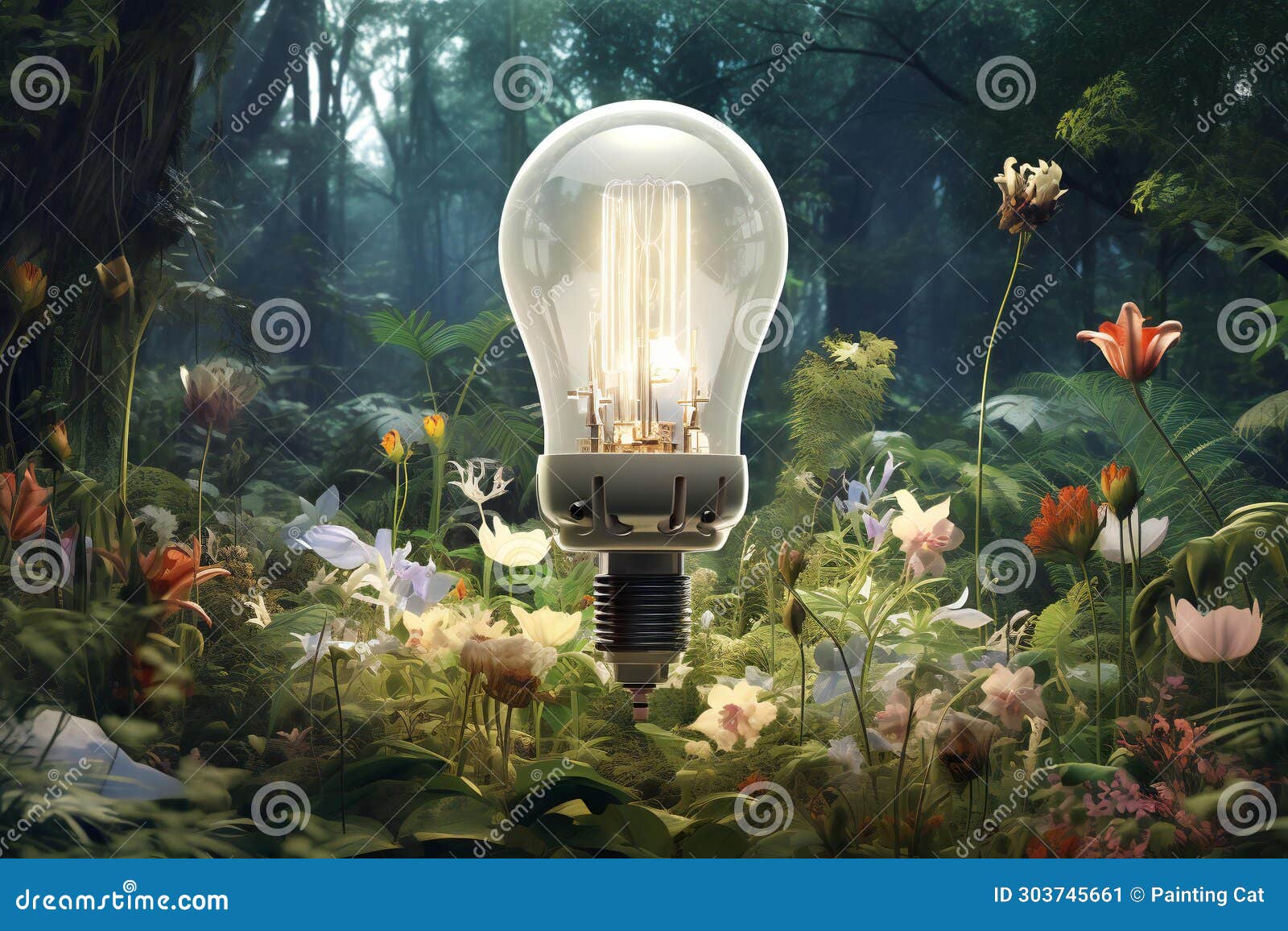 Light Bulb in the Forest with Flowers, Idea Concept Stock Illustration ...