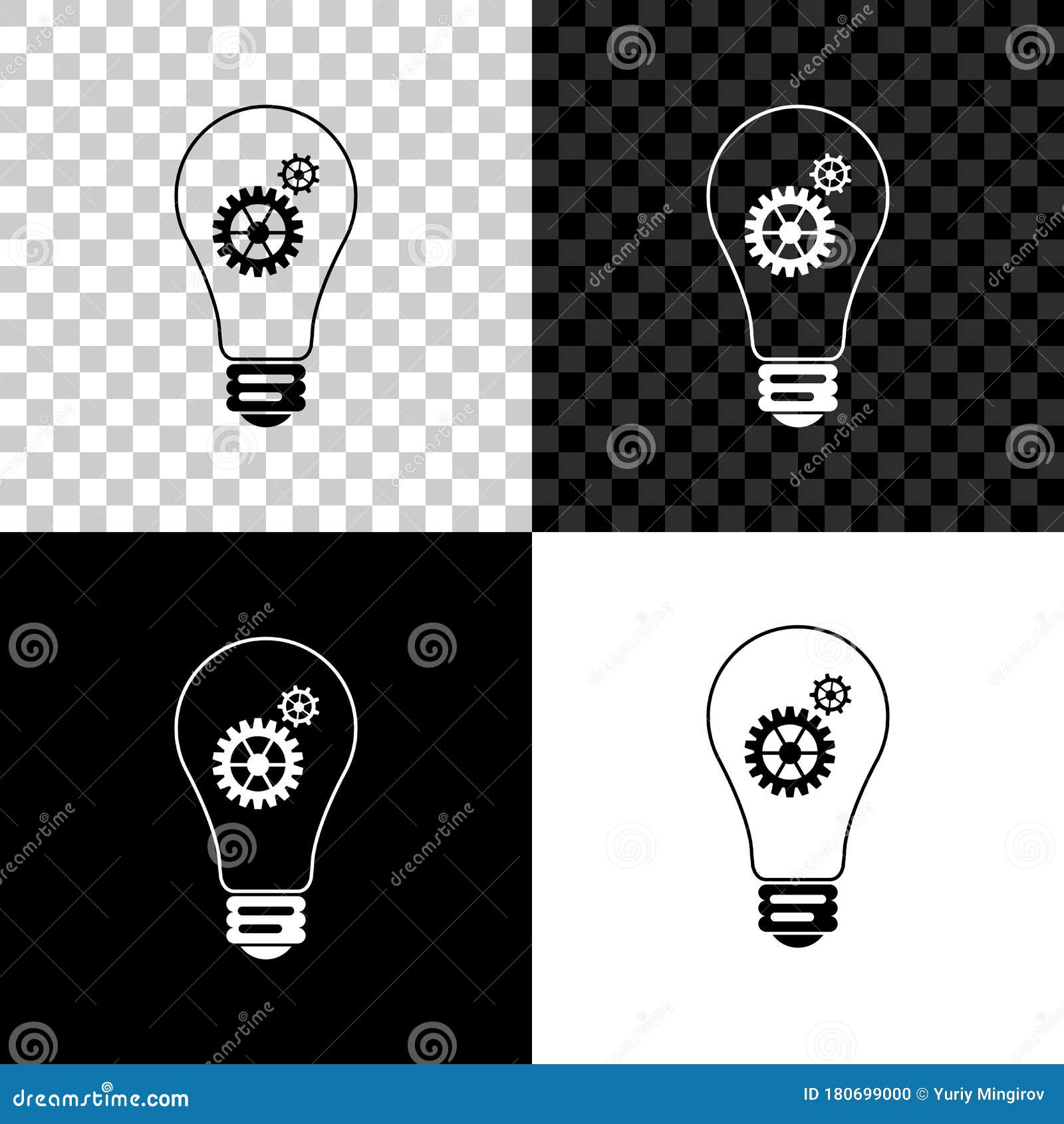 Light Bulb and Gear Inside Icon Isolated on Black, White and ... Light Bulb and Gear Inside Icon Isolated on Black, White and ...