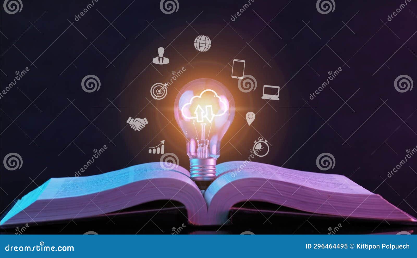 Light Bulb Glowing on Open Book with Cloud Computing Technology ...