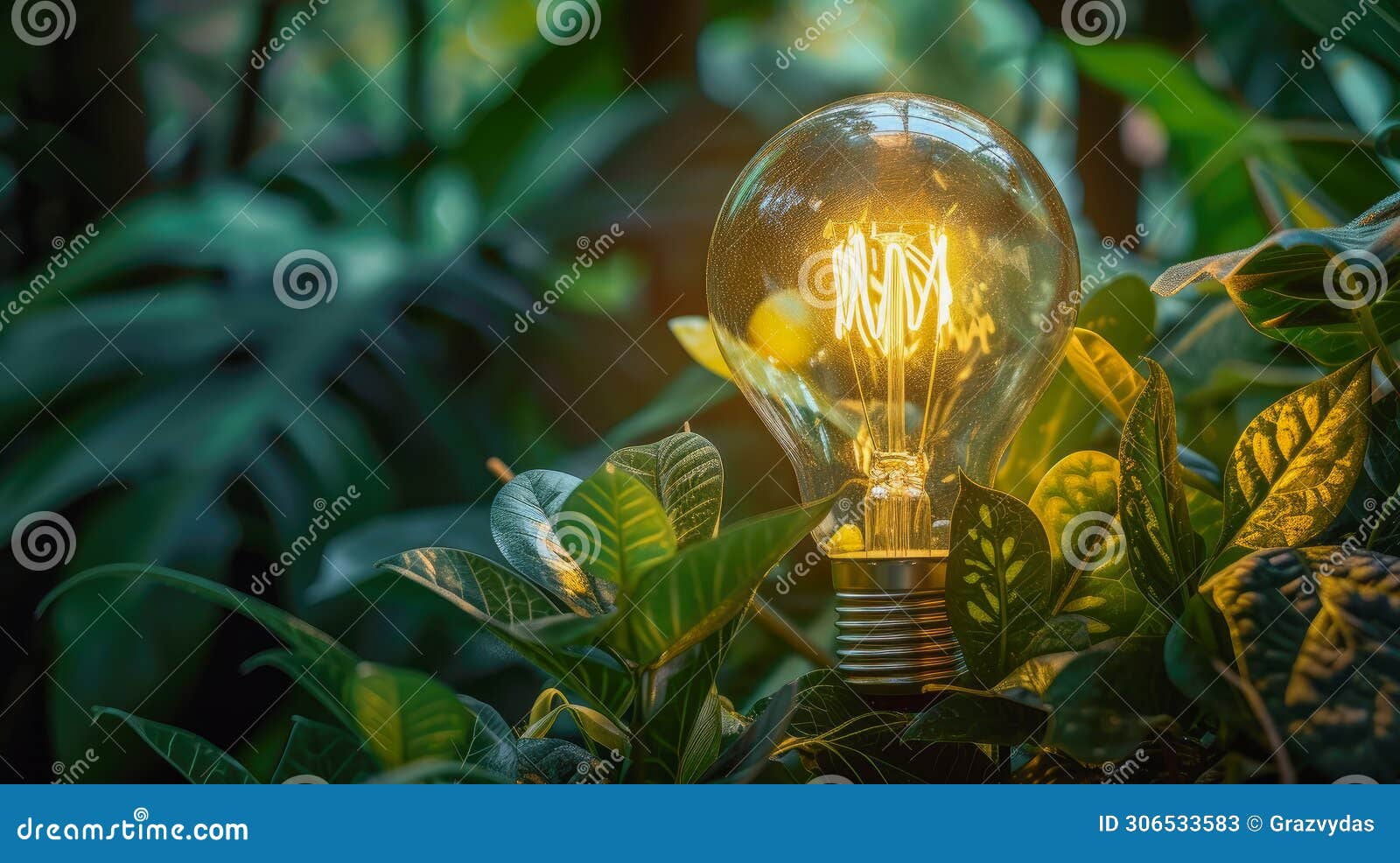 A Light Bulb Glowing Over a Tropical Plants , Representing the ...