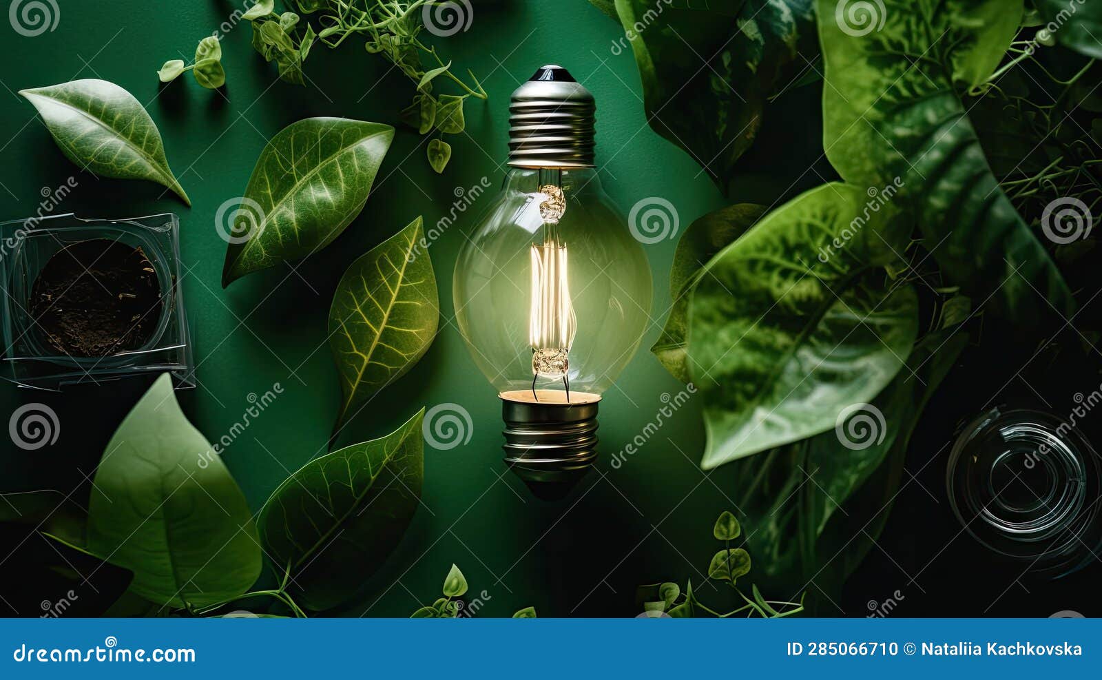 Light Bulb on the Green Background with Leaves Stock Illustration ...