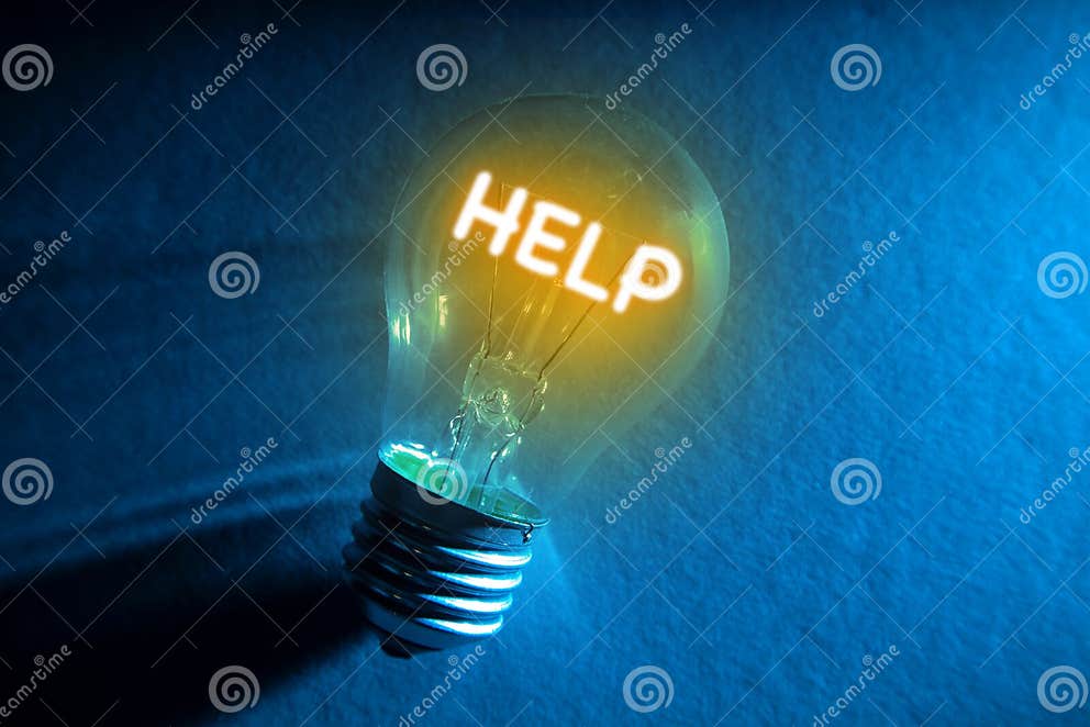 Light Bulb with HELP on Blue Background Stock Image - Image of color ...