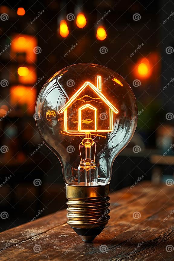 A Light Bulb with a House Inside of it Sitting on a Table Stock Image ...