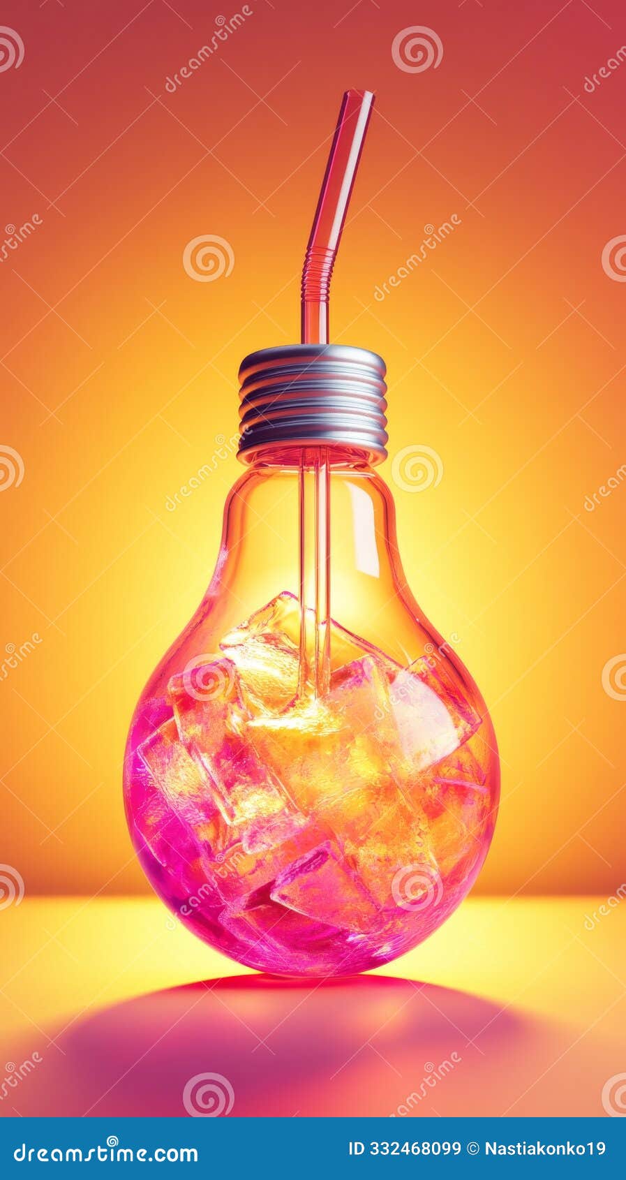 Light Bulb with Ice Cubes and Straw Against Yellow and Orange Gradient ...