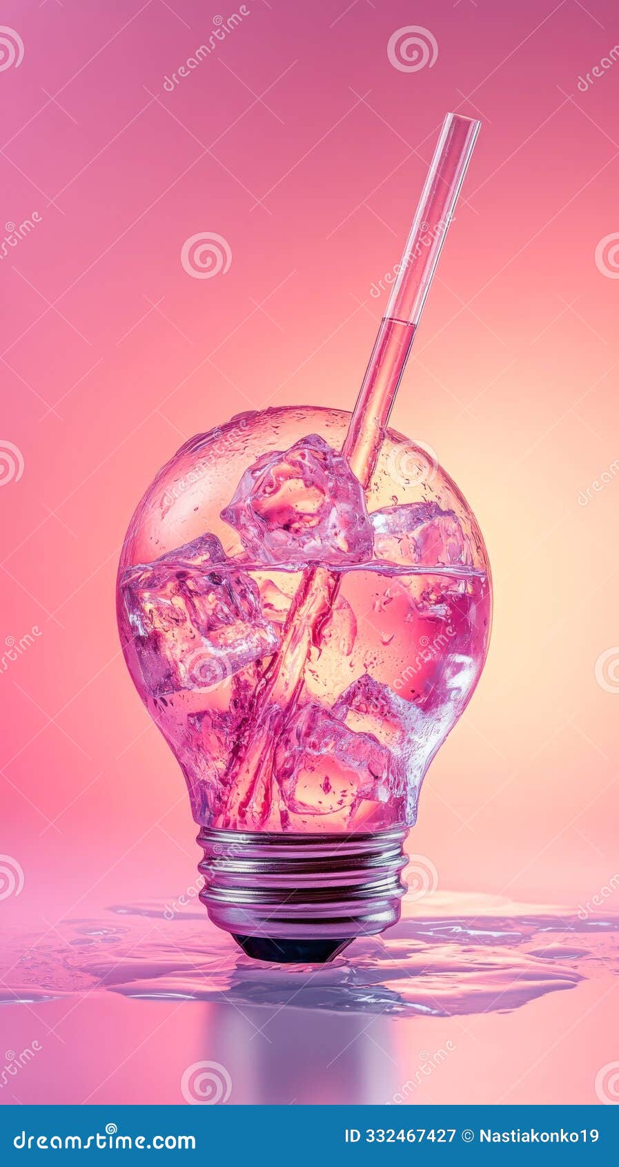 Light Bulb with Ice and Straw in Neon Lighting, Creative Drink Concept ...