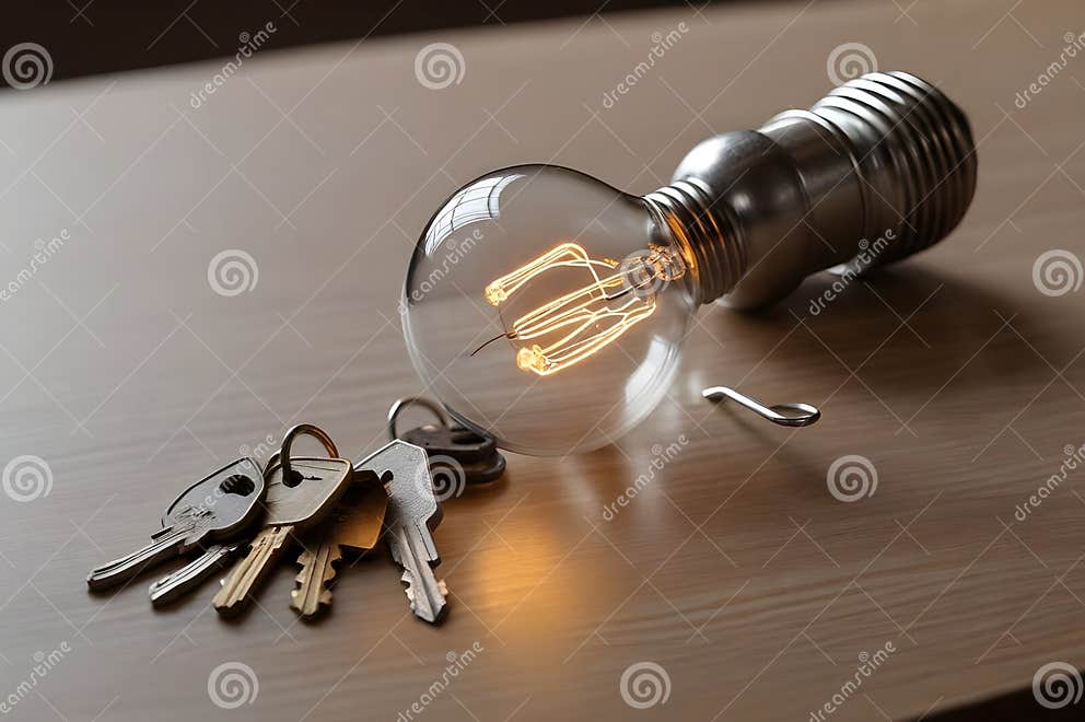 Light Bulb and Keys on Table Generative by Ai Stock Illustration ...