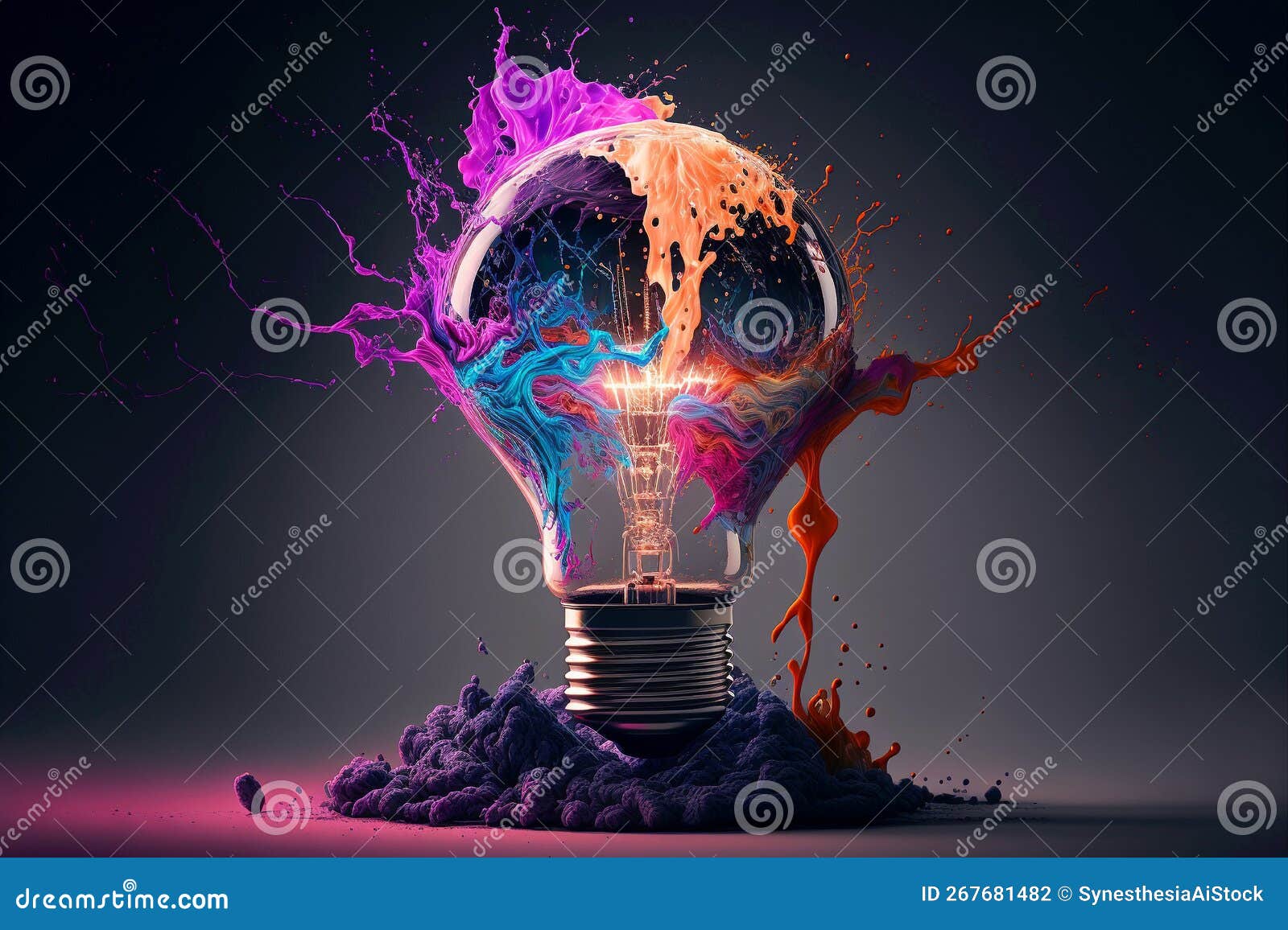 Light Bulb Lamp Explodes with Colorful Ink Paint and Splashes. Think ...