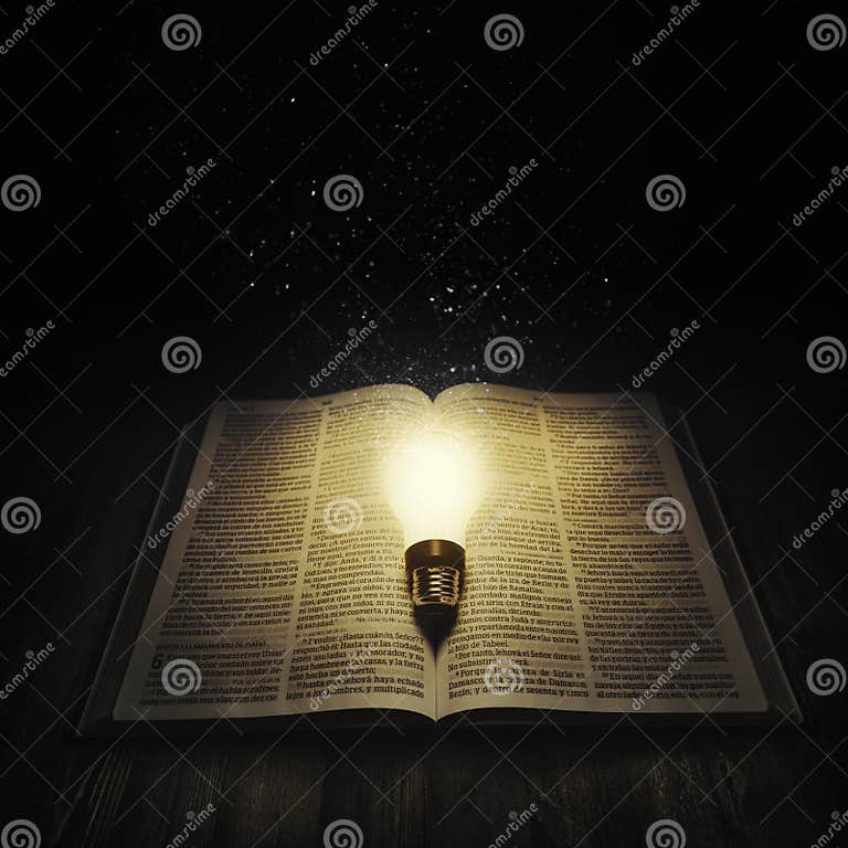 Light Bulb Lighting Up an Open Bible Stock Image - Image of word, faith ...