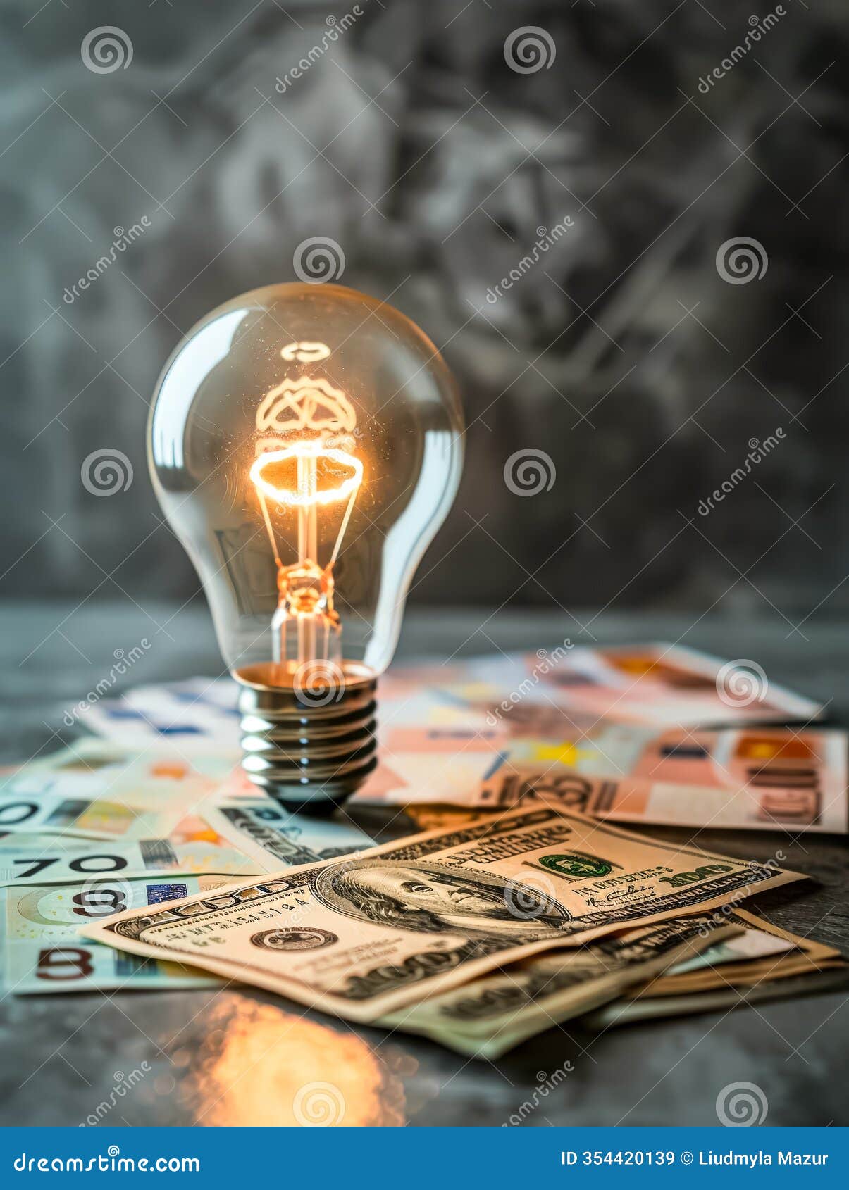 Light Bulb is Lit Up Next To a Stack of Money Stock Image - Image of ...