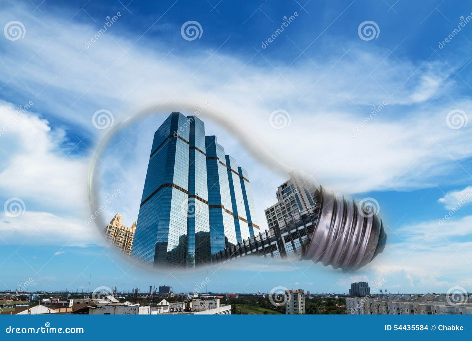 Light Bulb with Modern Building Stock Photo - Image of finance ...