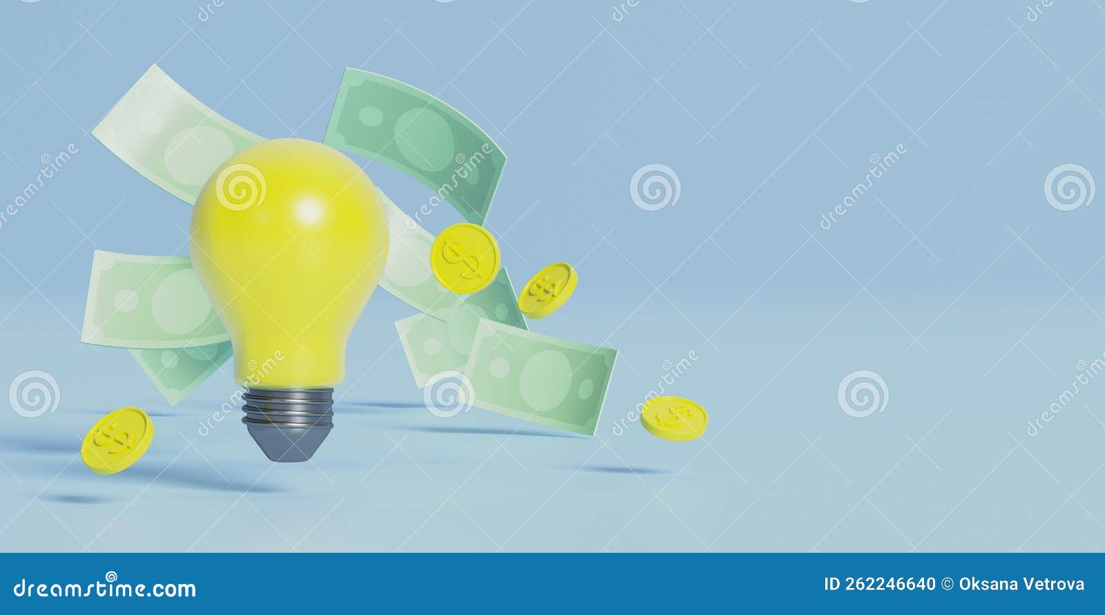 Light Bulb and Money on a Minimal Pastel Blue Background. Concept Idea ...