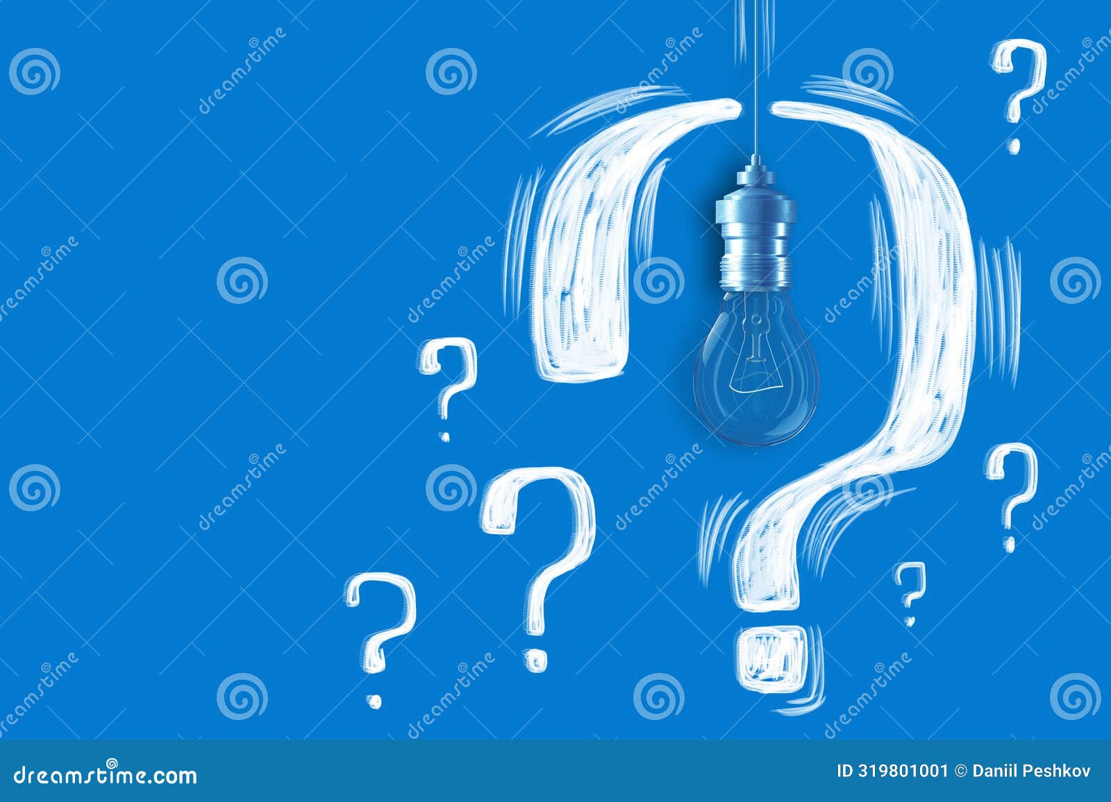 Light Bulb with Painted Question Marks on a Blue Background, Concept of ...