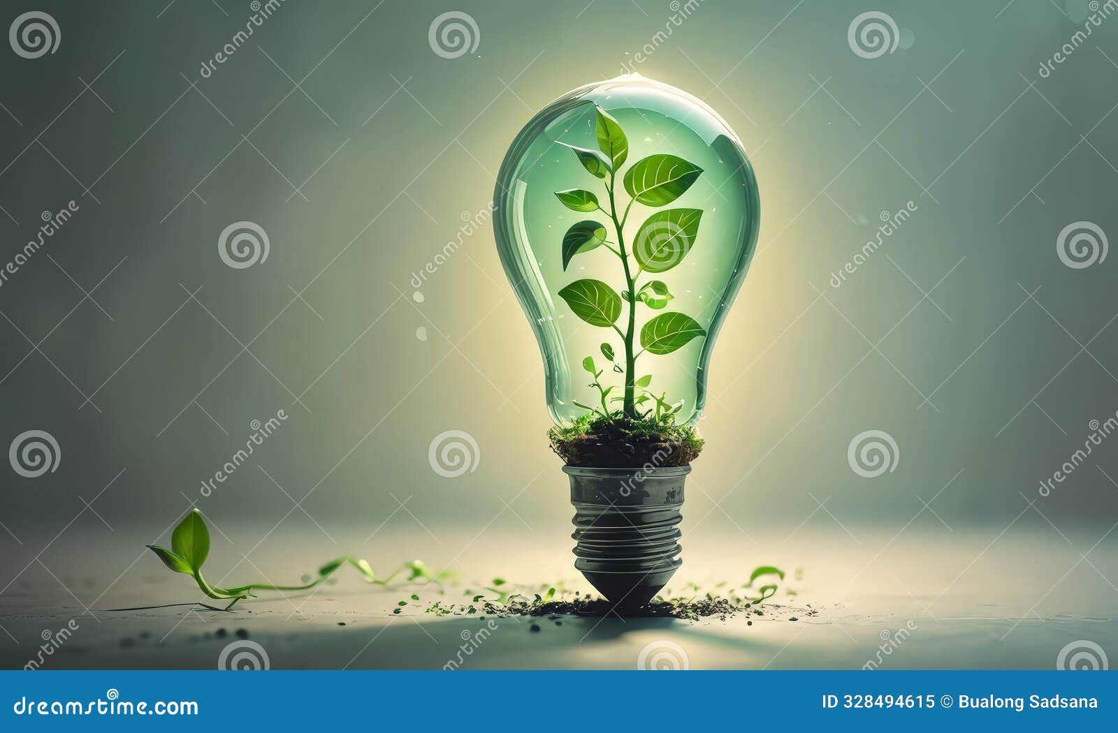 Light Bulb with Plant Growing Inside it, Illuminated by Warm Glow, with ...