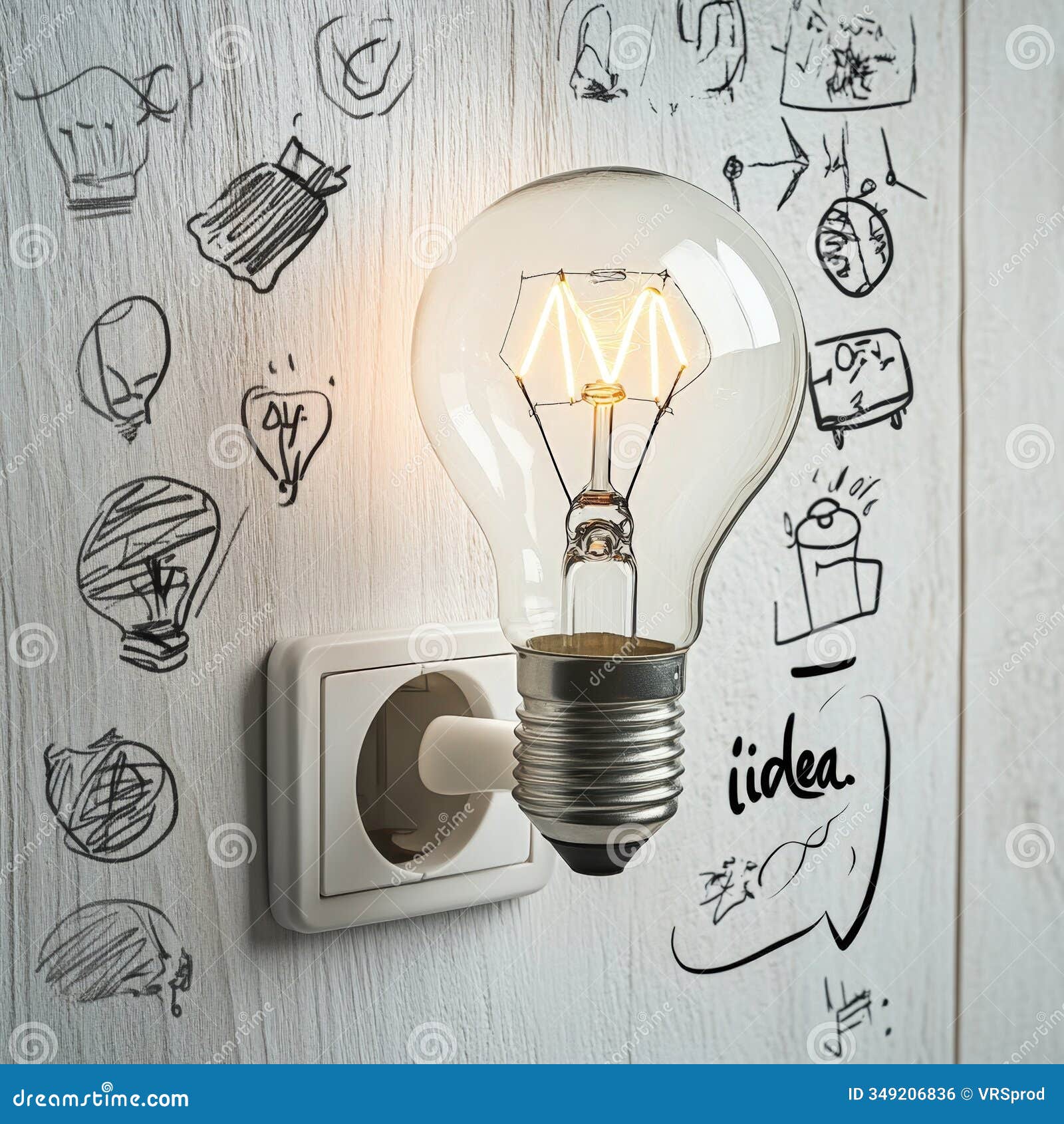 Light Bulb Plugged into Wall with Creative Doodles, Representing Ideas ...