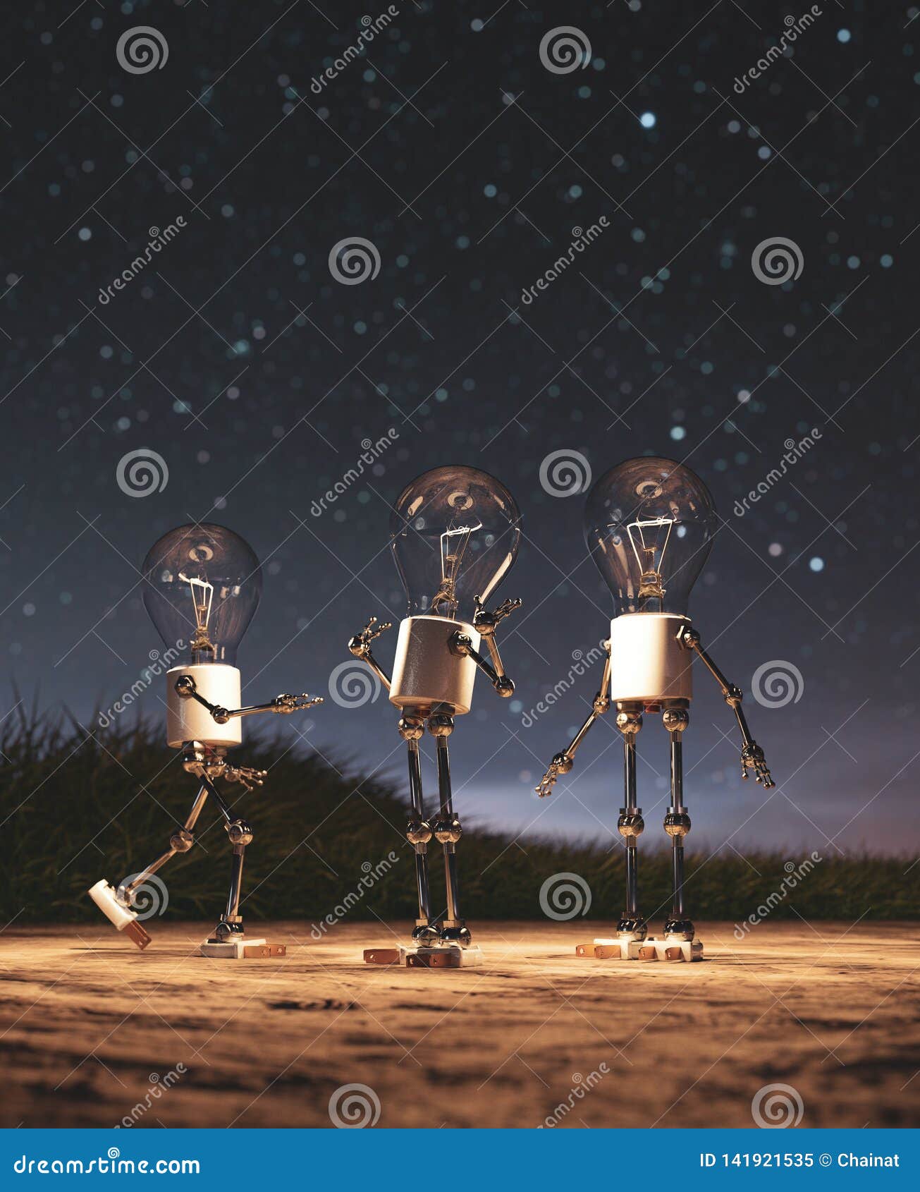 Light Bulb Robots Giving a Light in Starry Night Stock Illustration ...