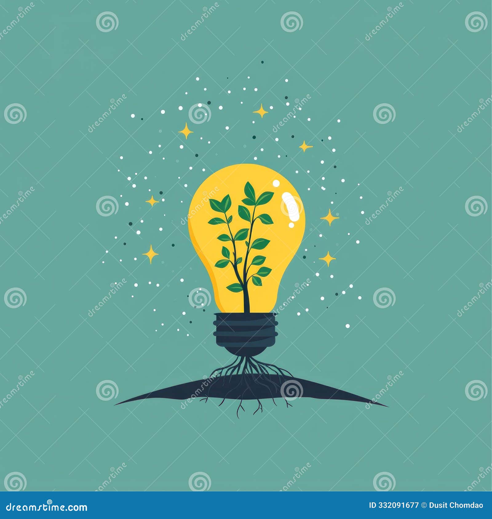 Light Bulb with Roots Symbolizing Idea Growth in Flat Design ...