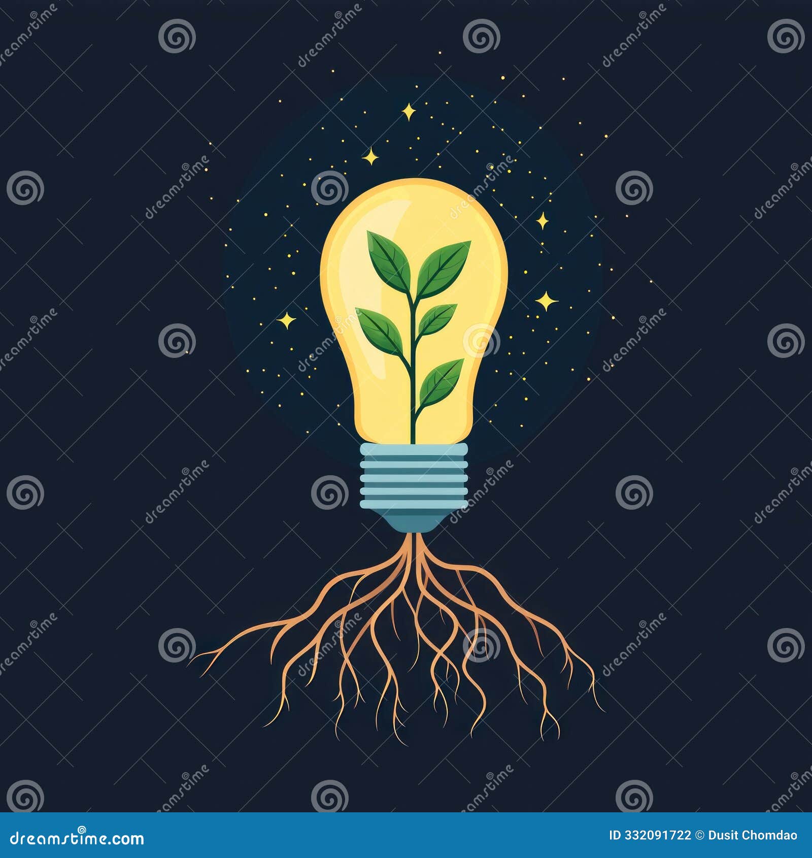 Light Bulb with Roots Symbolizing Idea Growth in Flat Design ...