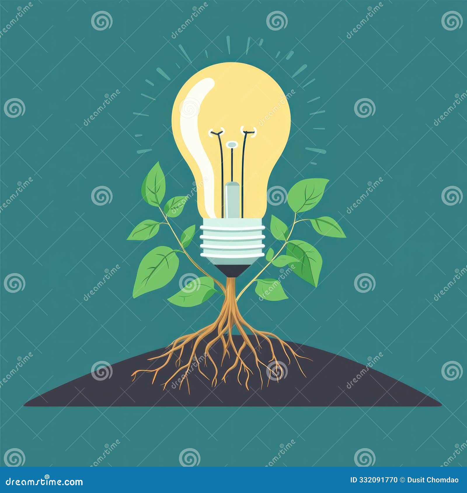 Light Bulb with Roots Symbolizing Idea Growth in Flat Design ...