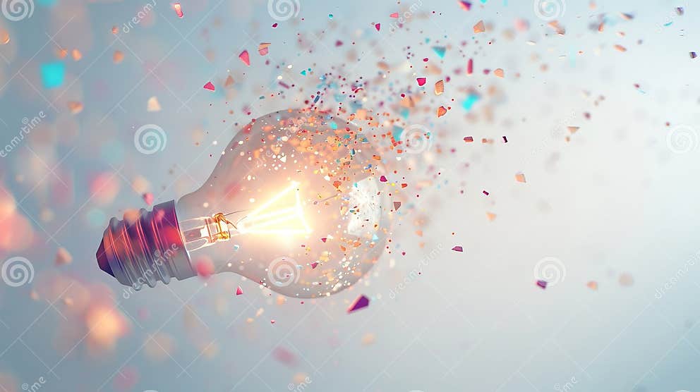 Light Bulb Shattering into Colorful Particles on White Background Stock ...