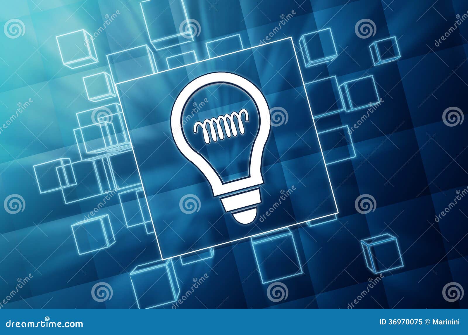 Light Bulb Sign in Blue Glass Blocks Stock Image - Image of progress ...