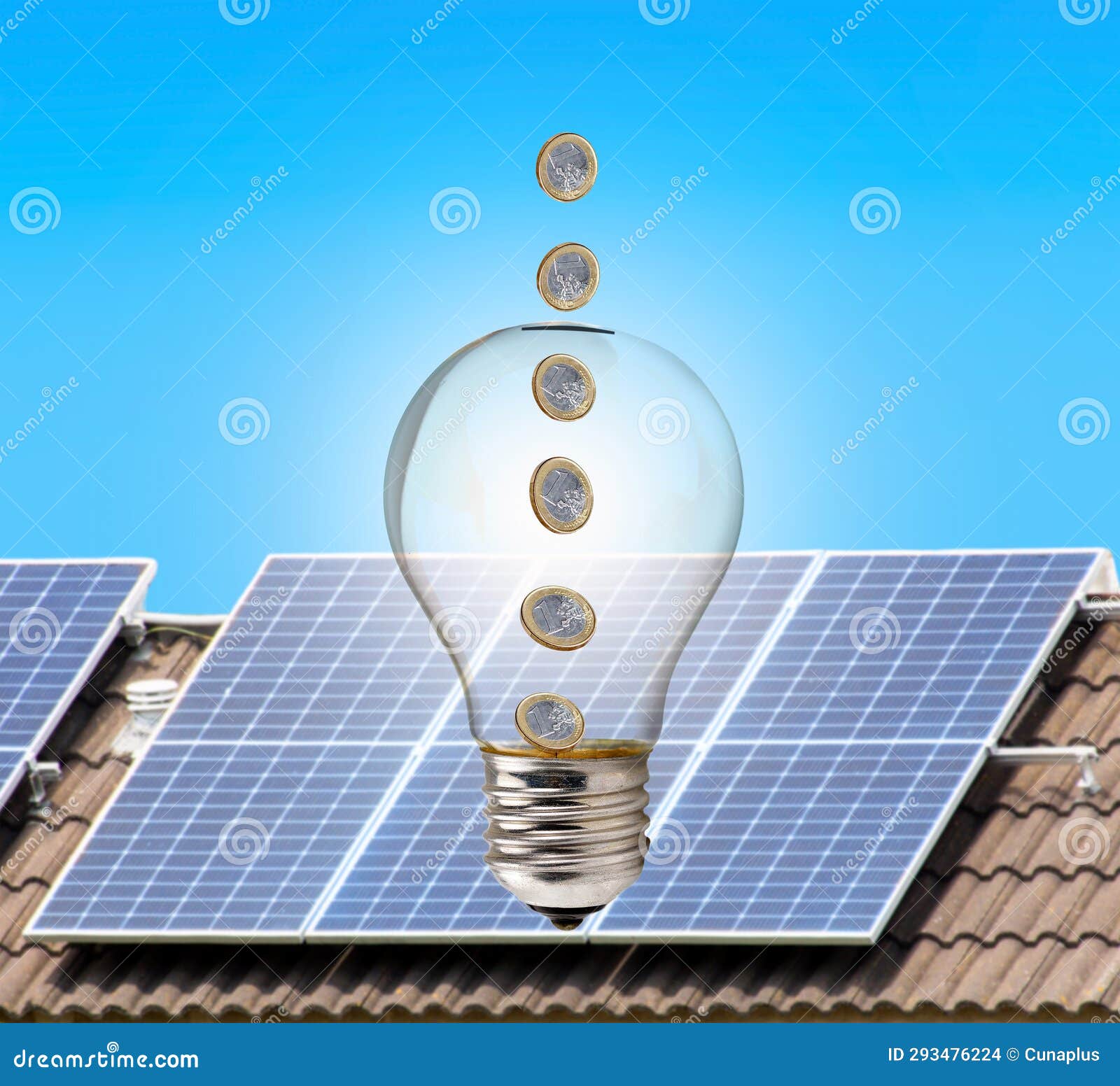 Light Bulb with Solar Panel Stock Photo - Image of coin, concept: 293476224