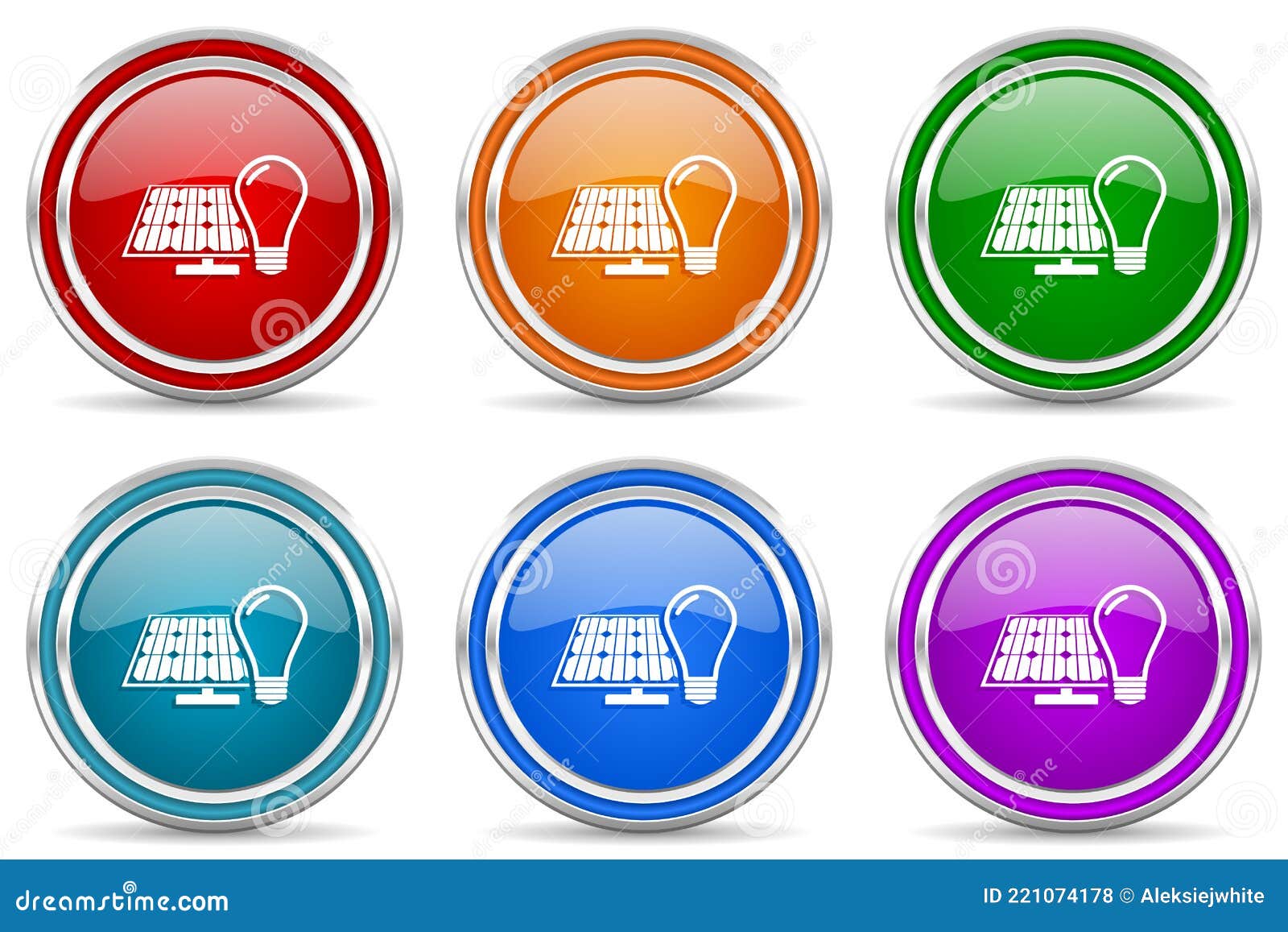 Light Bulb and Solar Panel Silver Metallic Glossy Icons, Set of Modern ...