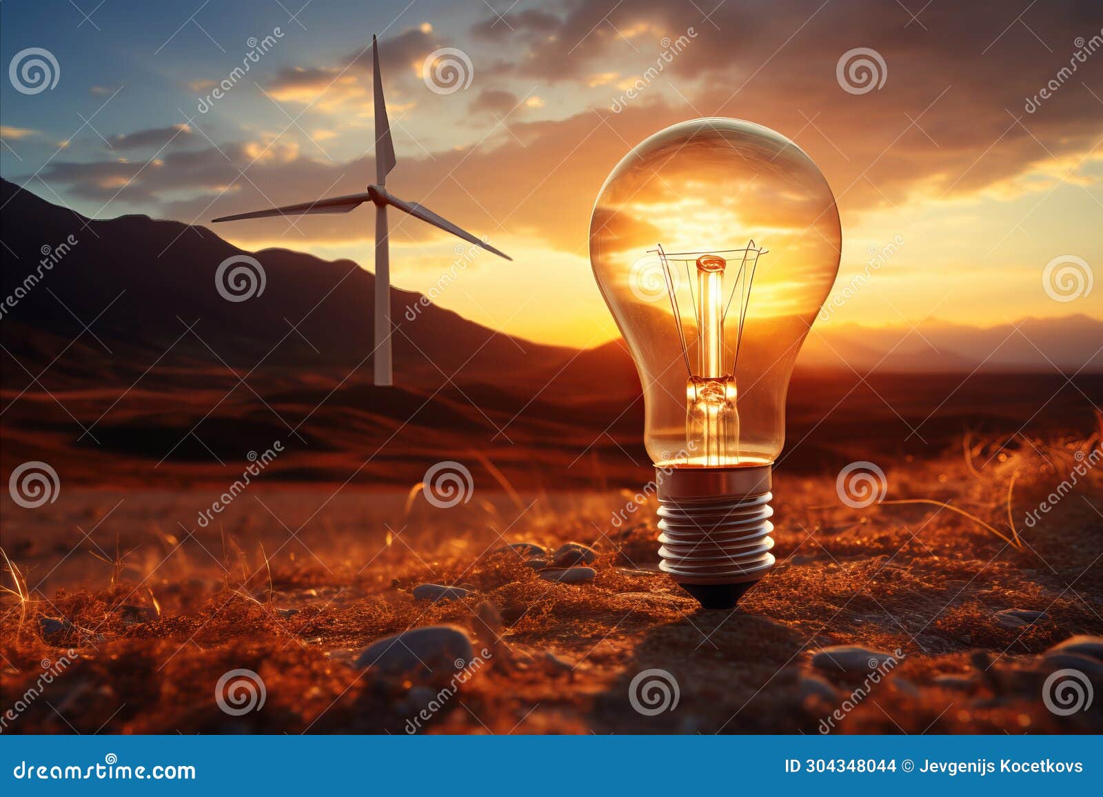 Light Bulb and Spectacular Sunset with Wind Turbine Harnessing the ...