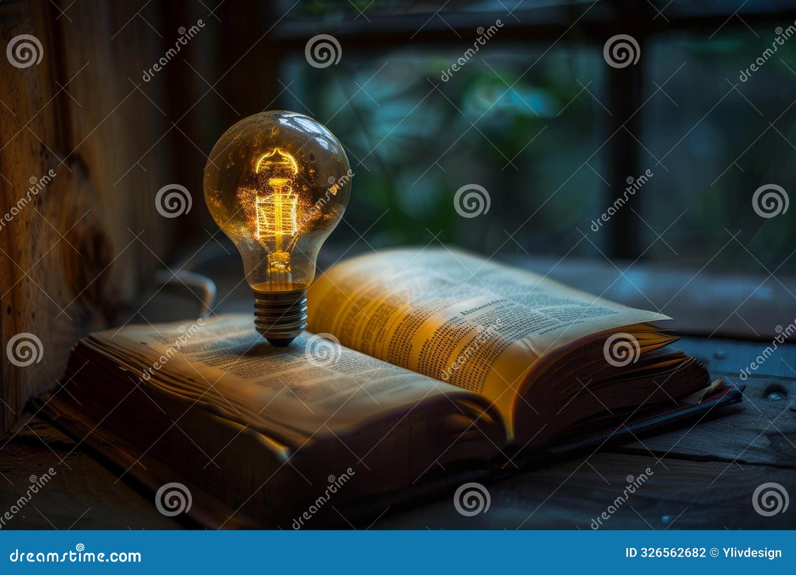 Light Bulb Standing on Open Book Symbolizing Knowledge Stock Photo ...