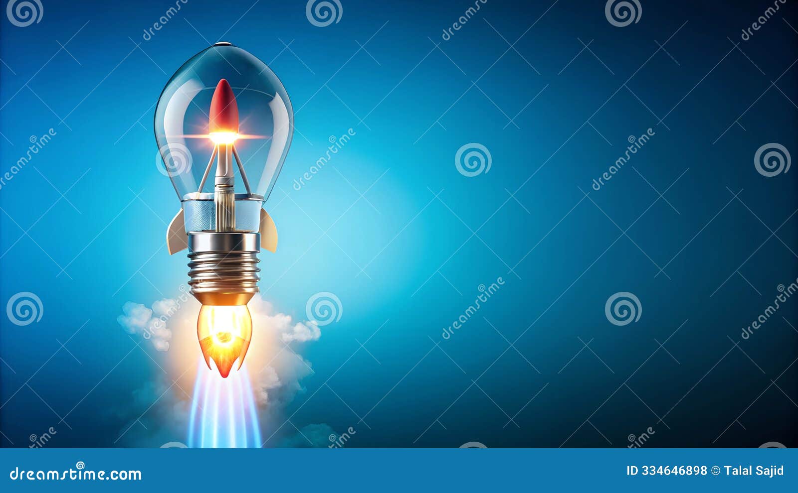 Light Bulb Taking Off Like Rocket - Blue Background Stock Photo - Image ...
