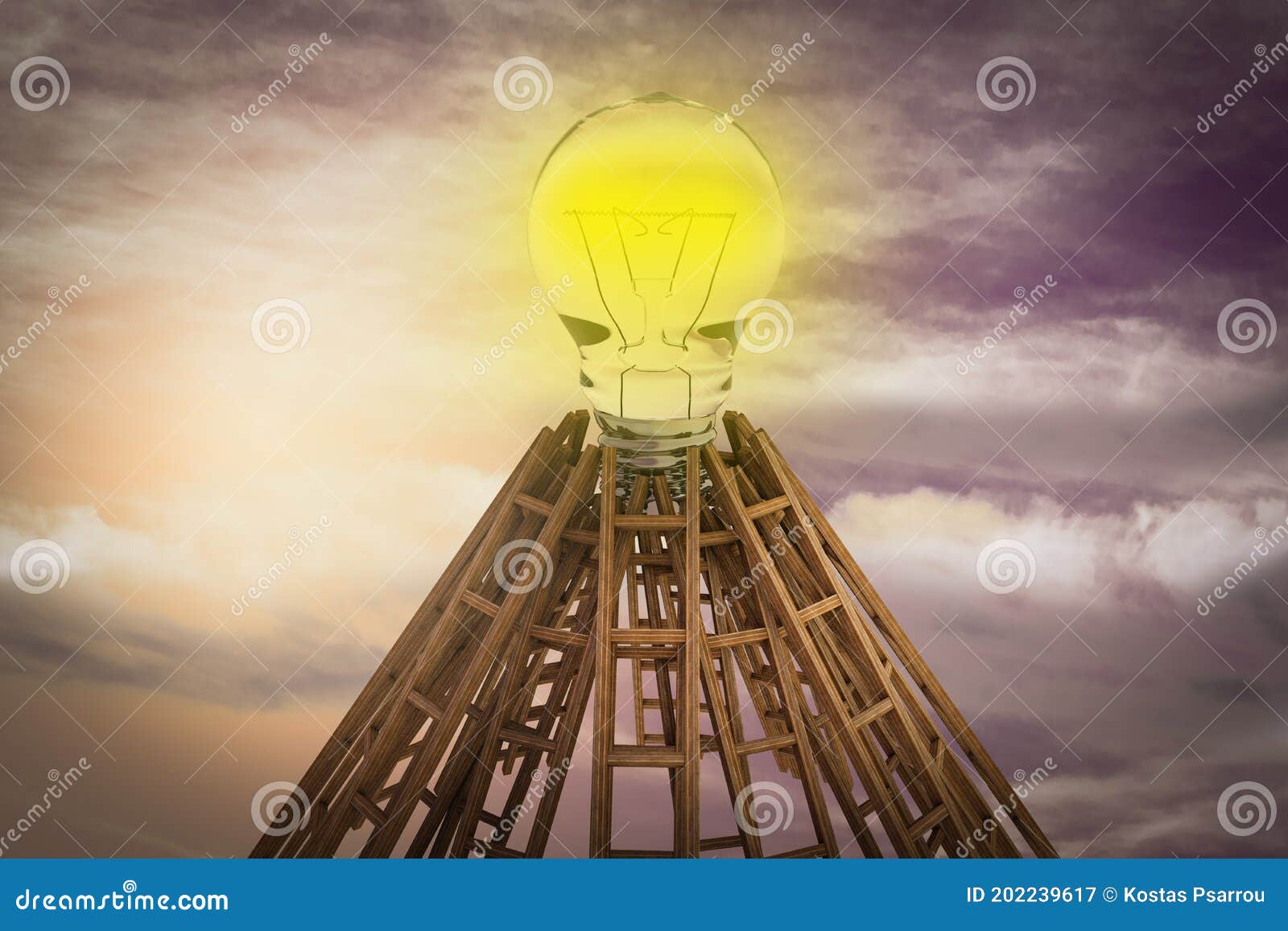 Light Bulb on Top of Many Ladders Together As Pyramid. Stock ...