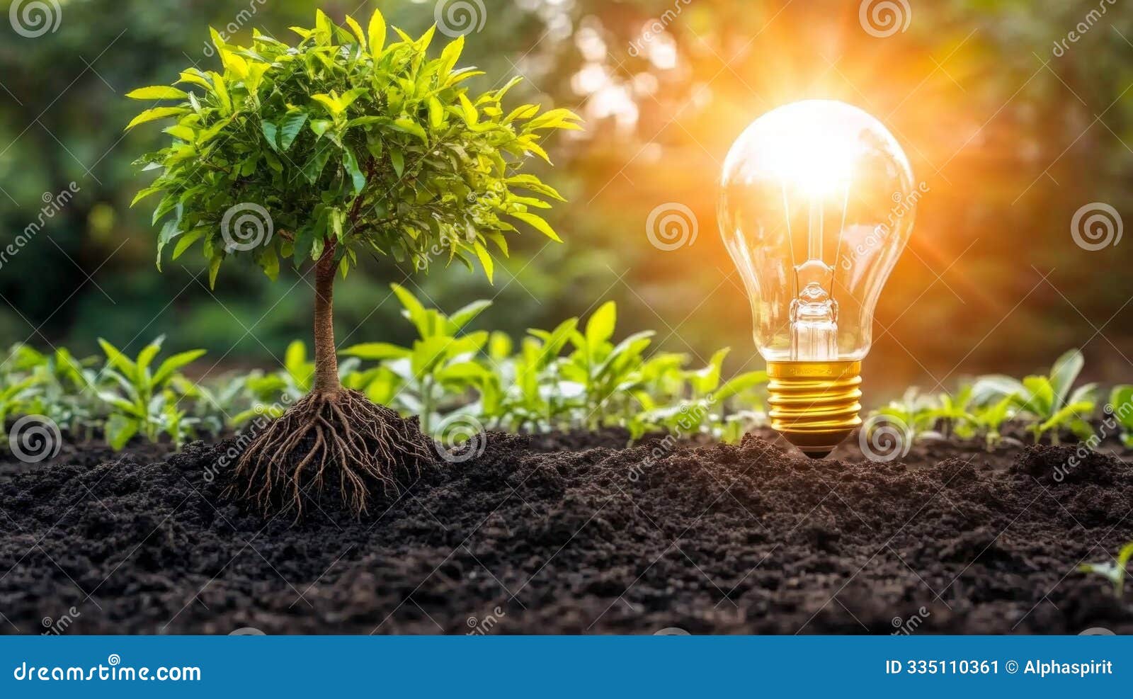 Light Bulb and Tree Growing in Soil with the Sun Shining Stock Image ...